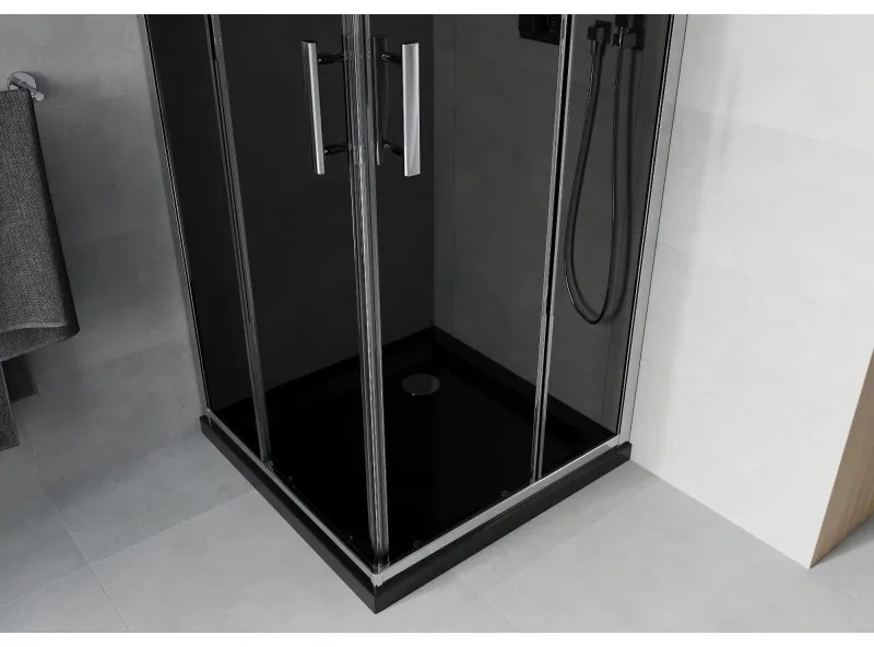 Mexen Rio, čtvercový sprchový kout s posuvnými dveřmi 80 x 80 cm, 5mm šedé sklo, chromový profil + černá sprchová vanička, 860-080-080-01-40-4070