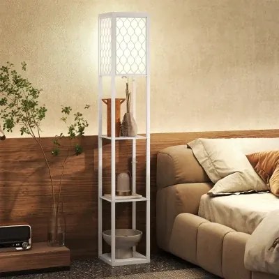 HOMCOM Stojací lampa s policí, 3 přihrádky, kompaktní rozměry, MDF, bílá