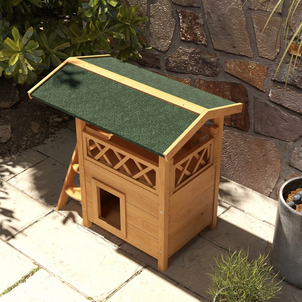 PawHut dvoupatrový domek pro kočky s asfaltovou střechou a balkonem, vila pro kočky z masivního dřeva se schody, přírodní, 77x50x73cm