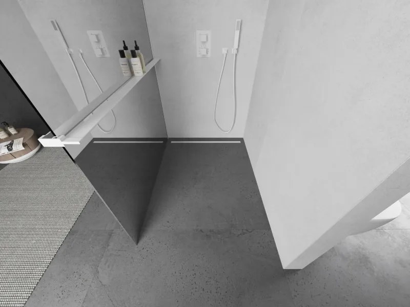 Mexen Kioto+, sprchová zástěna Walk-In s poličkou a věšákem 140 x 200 cm, 8mm sklo vzor zrcadlo, bílý profil, 800-140-121-20-50