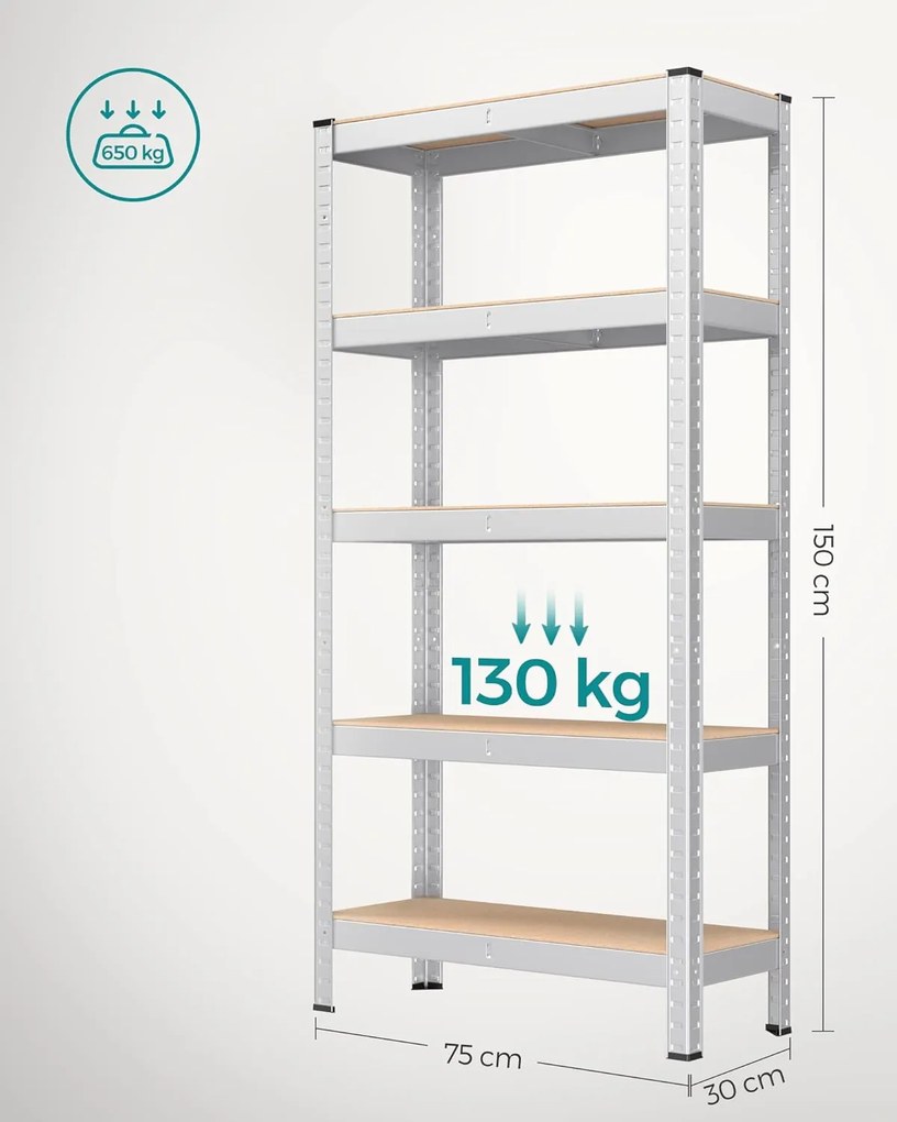5patrový policový systém, ocelový policový systém pro úložné účely, bezšroubová montáž, nosnost 650 kg, 30 x 75 x 150 cm, stříbrná