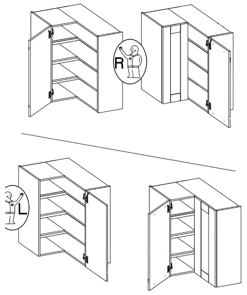 LUNA bb | horní skříňka 60x60 GN-90 2F (90°) rohová s policemi | 60x60 cm | VYSOKÁ | bílá mat