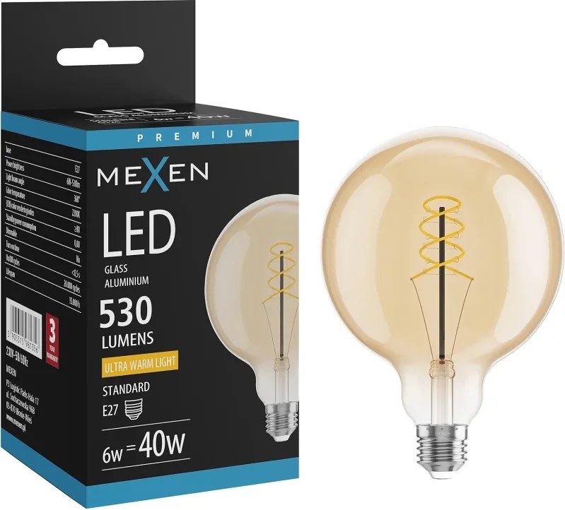 Mexen Vintis, LED žárovka spirála E27, G125, 6W, Teplá - 2200K, 530 lm, jantarová - L168-E27-0622-50