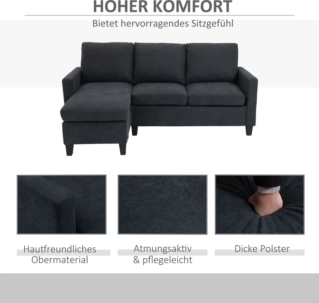 HOMCOM Rohová Sedačka se Spací Funkcí, 3místná Sedačka s Polštáři, L-Tvarovaný Gauč do Obývacího Pokoj, Ložnice 197 x 139 x 91 cm, Polyester, Tmavě š…