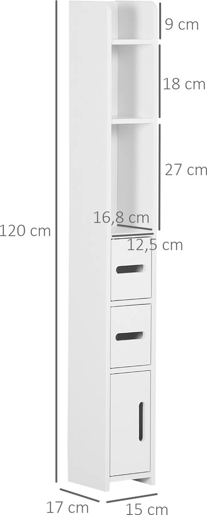 Kleankin koupelnová sloupová skříňka se 3 dveřmi, 3 otevřenými policemi a protiskluzovým systémem, moderní styl 15x17x120 cm Bílá