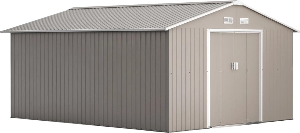 Outsunny Zahradní Kůlna 12,4 m², Zahradní Dům s Plochou Střechou, Posuvné Dveře, Základna, 386 x 340 x 200 cm, Zahradní Kůlna z Pozinkované Oceli, Odo