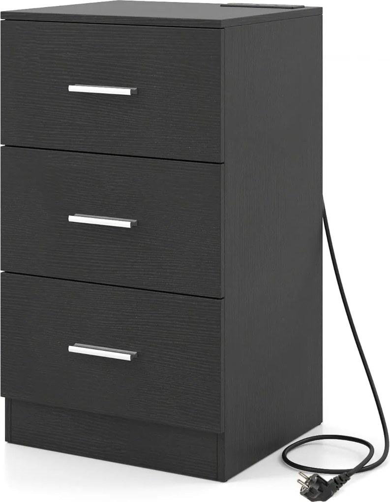Costway Noční stolek s nabíjecí stanicí moderní s 3 úložnými – 38 × 35 × 66 cm