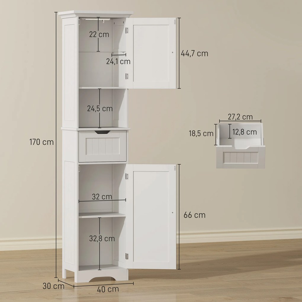 HOMCOM dřevěná koupelnová skříňka se dvěma skříňkami a senzorem, otevřená přihrádka a zásuvka, 40x30x170 cm, bílá