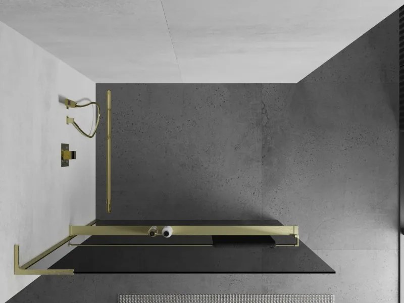 Mexen Kioto+ L, sprchová zástěna Walk-In s poličkou a věšákem 70 x 200 cm, 8mm šedé sklo, zlatý matný profil, 800-070-123-55-40