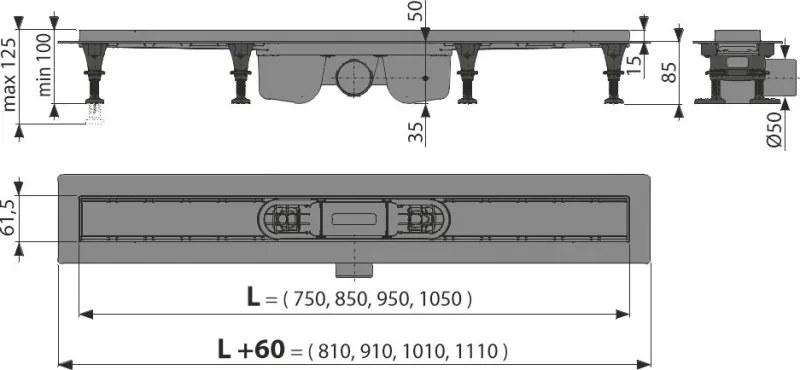 ALCA Podlahový žlab s okrajem pro perforovaný rošt nebo vložení dlažby APZ12-1050