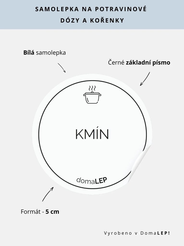 Samolepka na kořenky KMÍN bílá 5 cm základní písmo