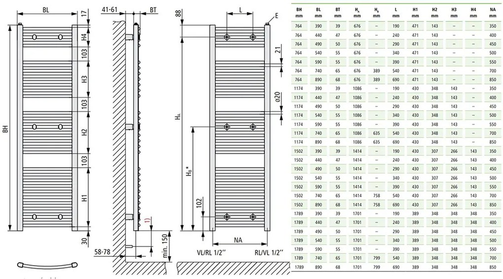 Kermi B20-R koupelnový radiátor 1174 x 540 mm, zaoblený, bílá LR0101200552XXK