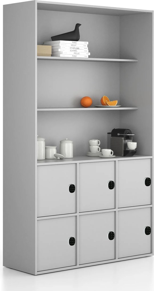Kancelářská skříň FRAME, 6x dveře, 2x police, 1299 x 450 x 2162 mm, kódový zámek, šedá