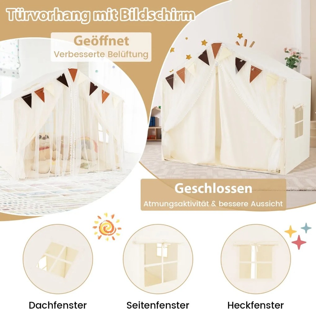 Costway Hrací stan s 2 závěsy, hvězdnými světly a kostkovanými praporky Velký