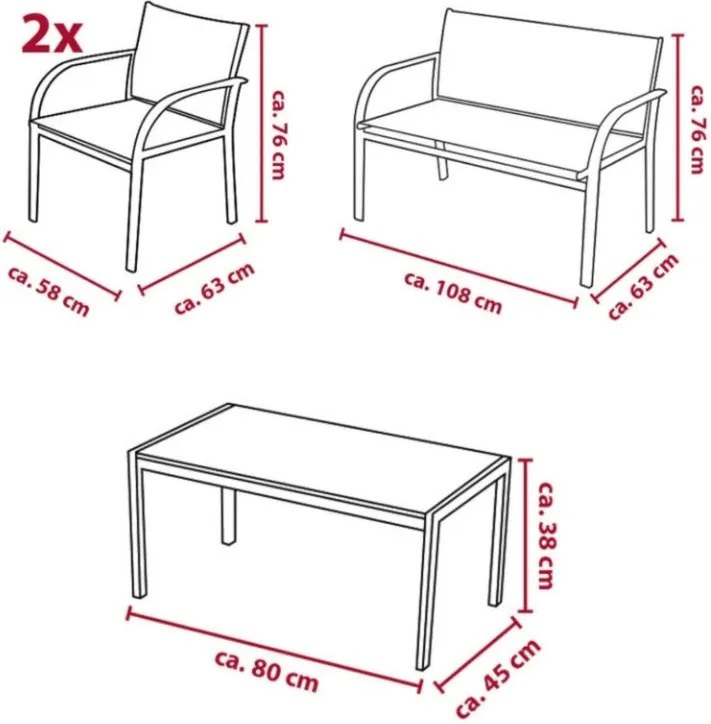 Zahradní set LOUNGE s křesly, lavicí a stolkem, šedý
