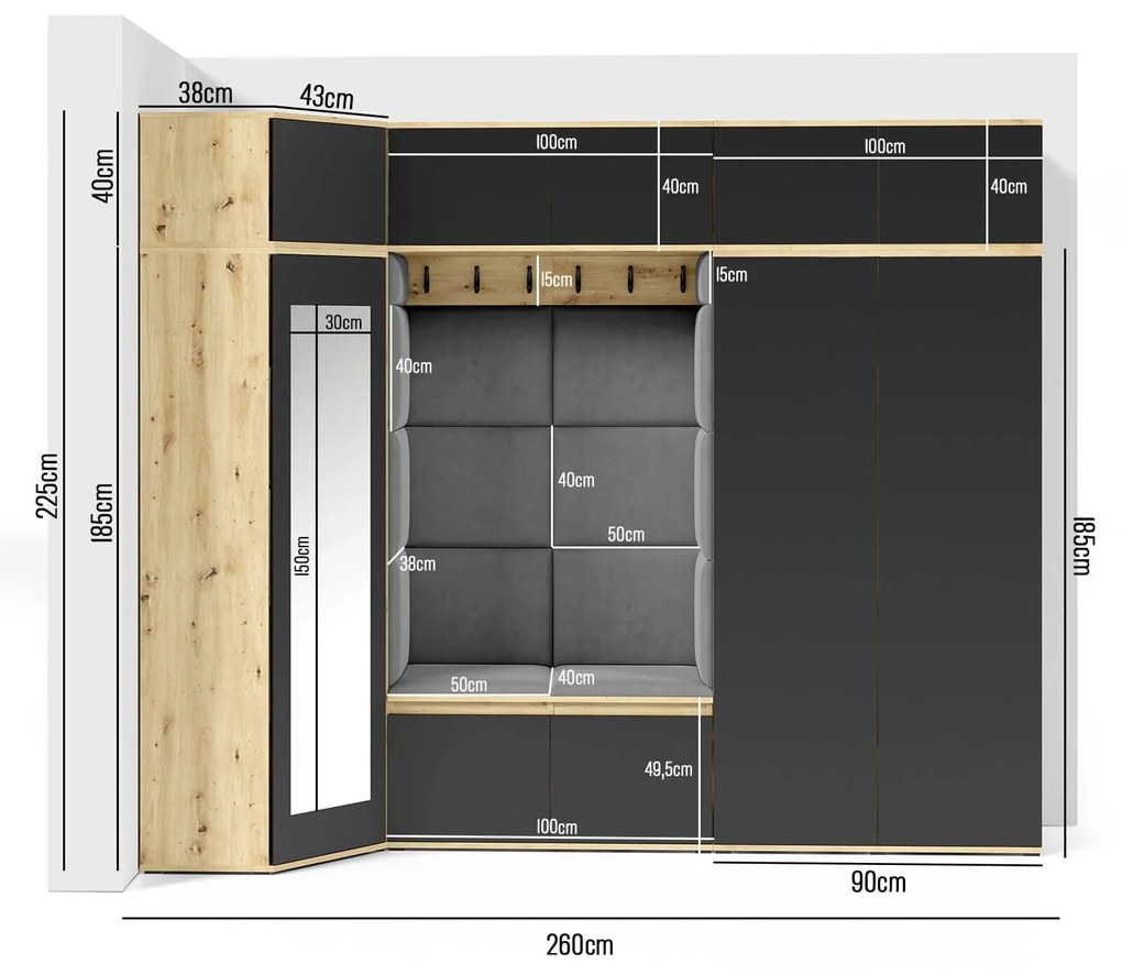 Eka Předsíňová stěna s čalouněnými panely Trinity 39 - Dub Artisan s černou / Béžová 2304