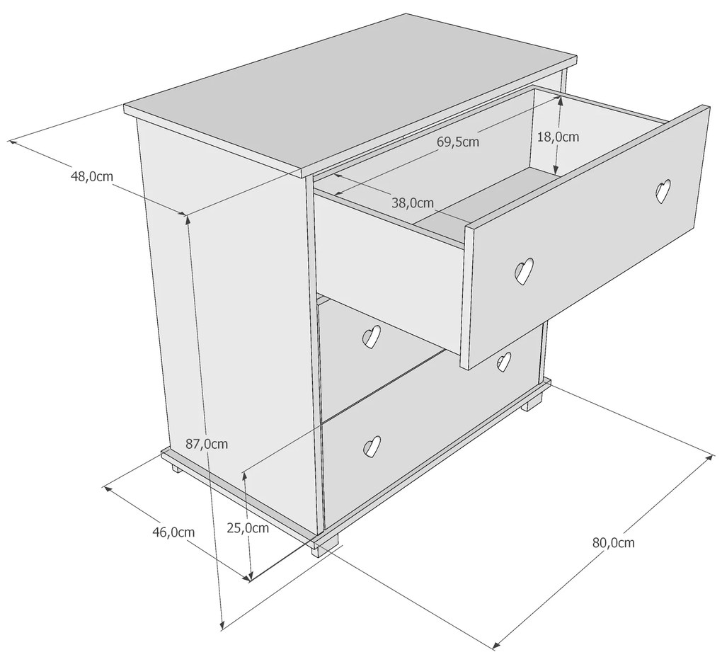 BabyBeds Dětská komoda - srdíčka Barevné provedení: Ořech  nábytkářské lamino 80 cm x 48 cm x 87 cm