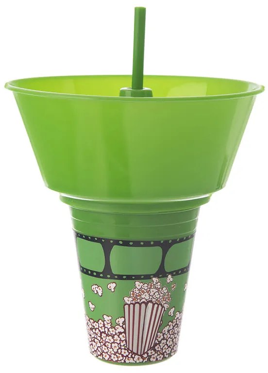 Pohár s brčkem a miskou na popcorn SNACK, zelený, 550 ml