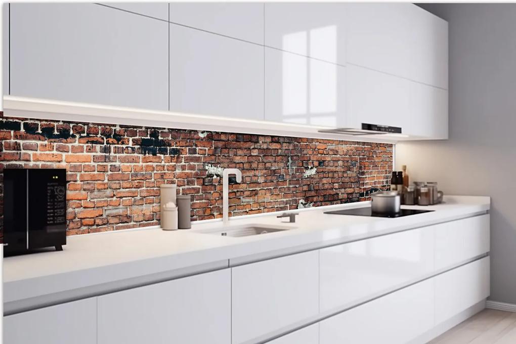 DIMEX | Fototapeta do kuchyně Oprýskaná cihlová zeď KI-420-305 | 420 x 60 cm | hnědá, černá
