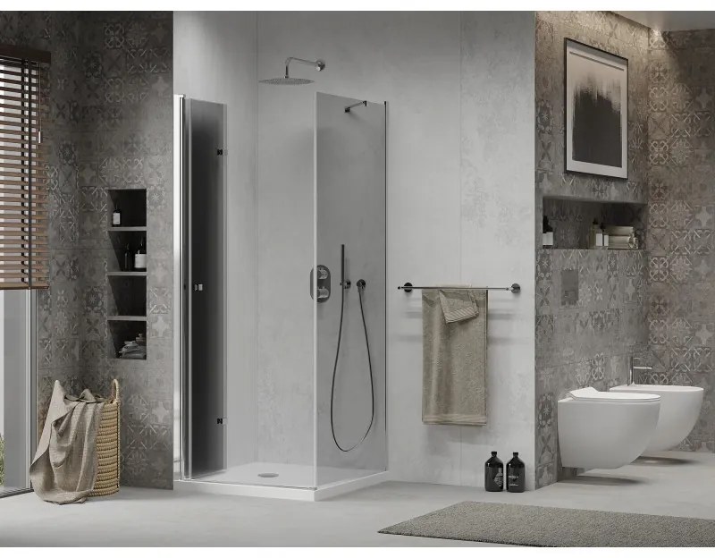 Mexen Lima skládací sprchový kout 80 x 80 cm, Grafitově černá, Chromovaná + sprchová vanička Flat, Bílá - 856-080-080-01-40-4010