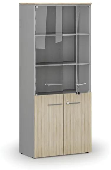 Kombinovaná kancelářská skříň s dřevěnými a skleněnými dveřmi PRIMO GRAY, 1781 x 800 x 420 mm, šedá/dub přírodní