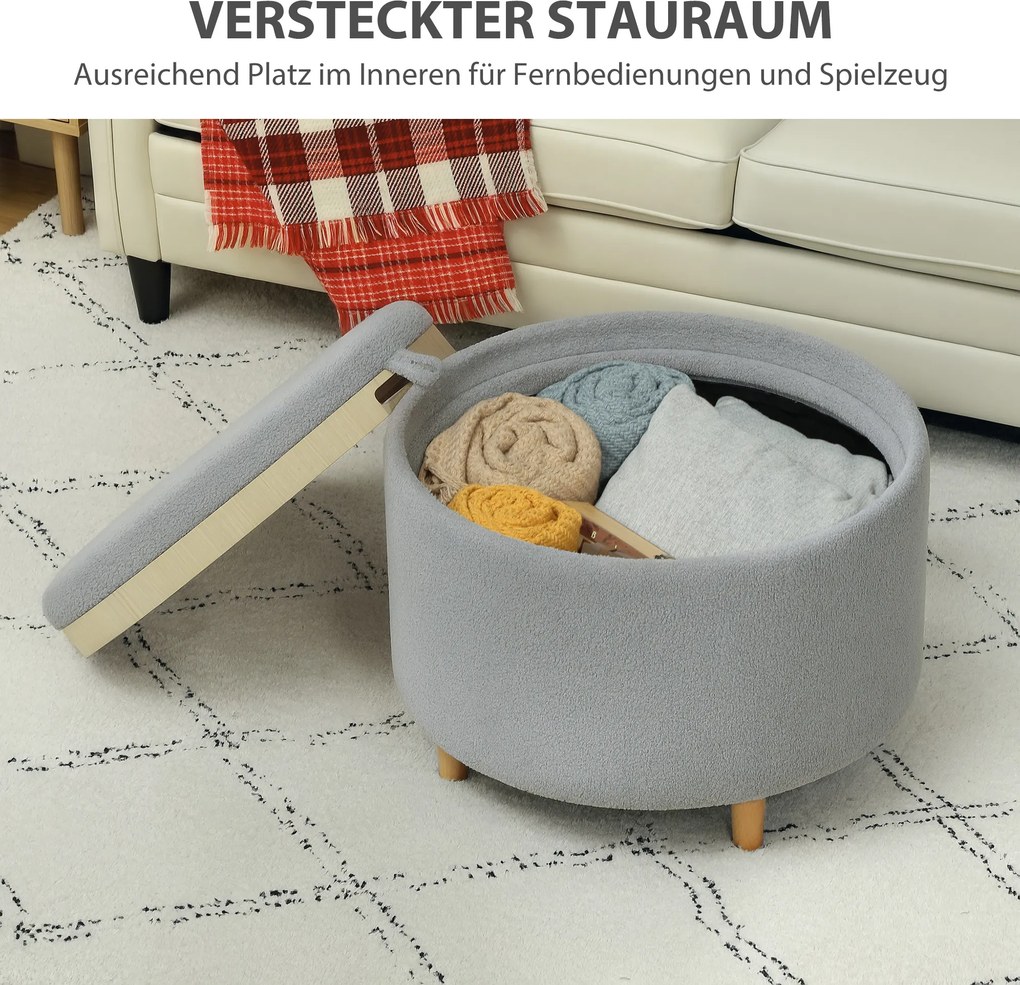 HOMCOM Úložný taburet s úložným prostorem, kulatý potahovaný taburet s sklápěcím víkem, dřevěné nohy, moderní design, do obývacího pokoje, ložnice, š…