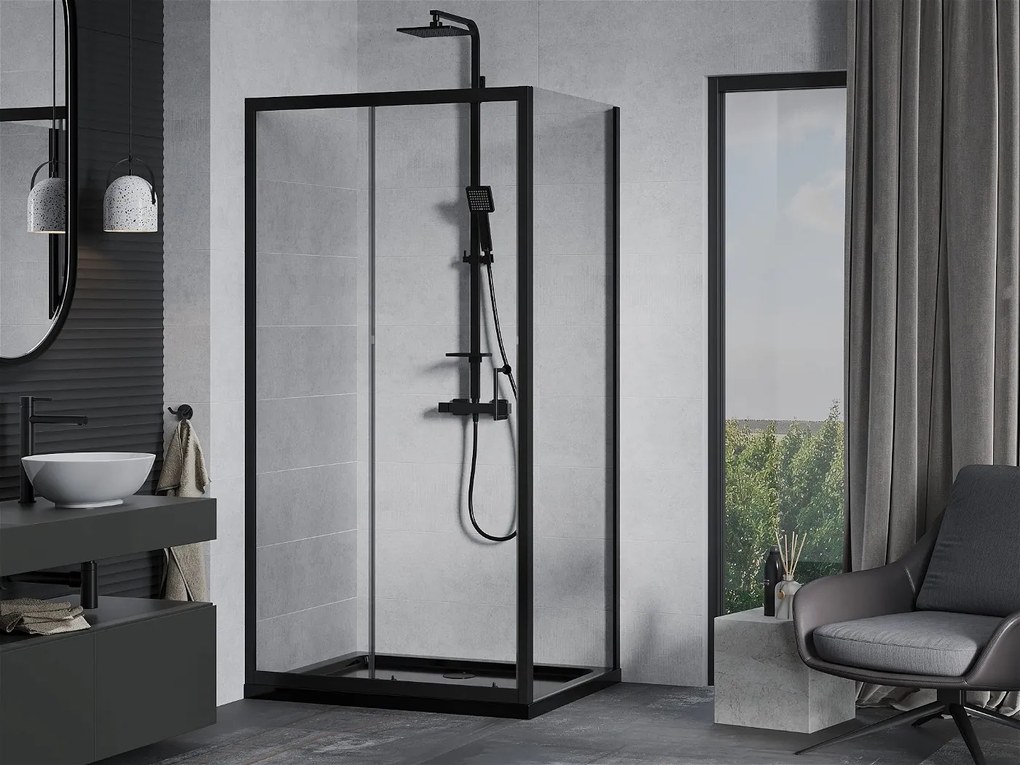 Mexen Apia sprchový kout s posuvnými dveřmi 140 (dveře) x 90 (stěna) cm, 5mm čiré sklo, černý profil + černá sprchová vanička s černým sifonem, 840-140-090-70-00-4070B