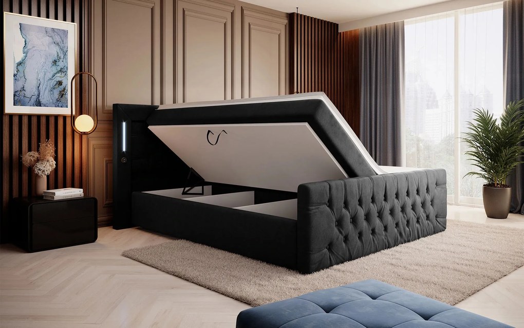 K&M postele Boxspring postel ELEGANCE s úložným prostorem, LED a USB Velikost postele: 140 × 200 cm, Výběr matrace: Taštičková zónová matrace - měkká…