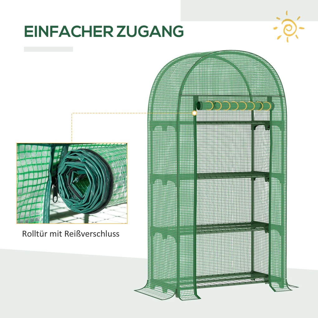 Outsunny Mini Skleník na Balkon s 4 Policemi, Mini Skleník, Zeleninový Skleník, Růstový Dům, Studený Rám, Kov, Zelený, 80 x 49 x 160 cm