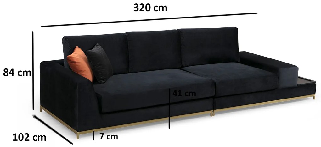 Atelier del Sofa 4-místná pohovka Line With Side Table - Black, Černá, Zlatá