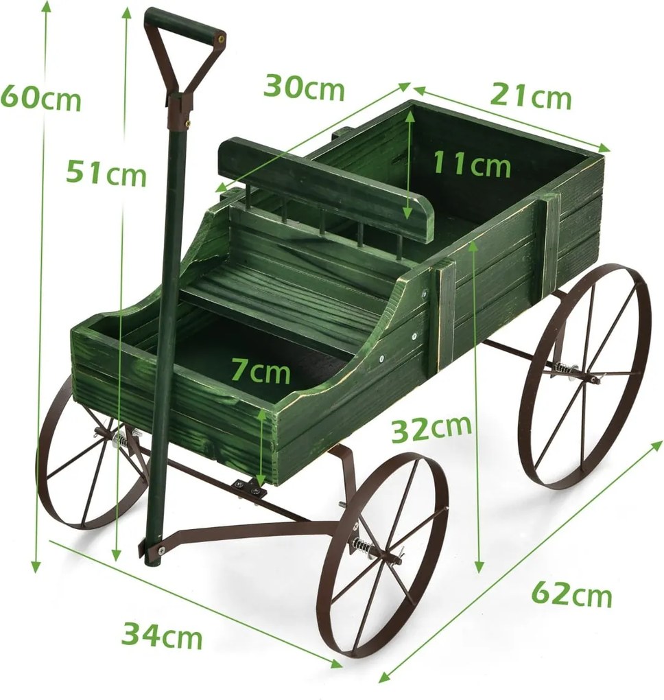 Costway Dřevěný vozík na květiny dekorativní květinový box s kolečky, zelený