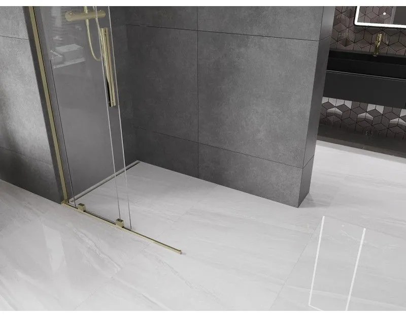 Mexen Velar L, posuvná sprchová zástěna Walk-in 90 x 200 cm, 8mm čiré sklo, zlatá lesklá, 871-090-003-03-50