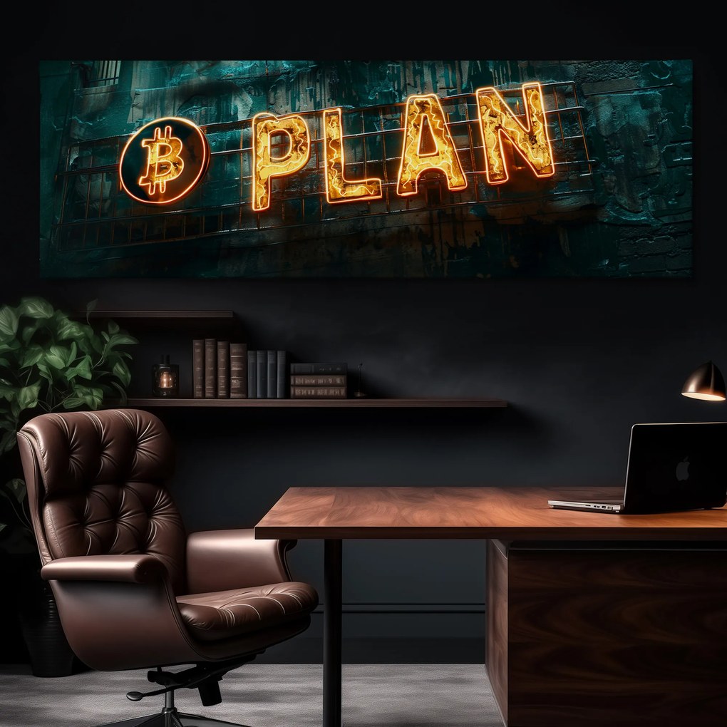 Obraz na plátně - Bitcoin B Plan Neon Sign FeelHappy.cz Velikost obrazu: 150 x 50 cm