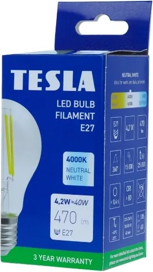 TESLA BL270440-1 - LED Filament Retro Bulb žárovka E27, 4,2W, 470 lm, 4000K, čirá
