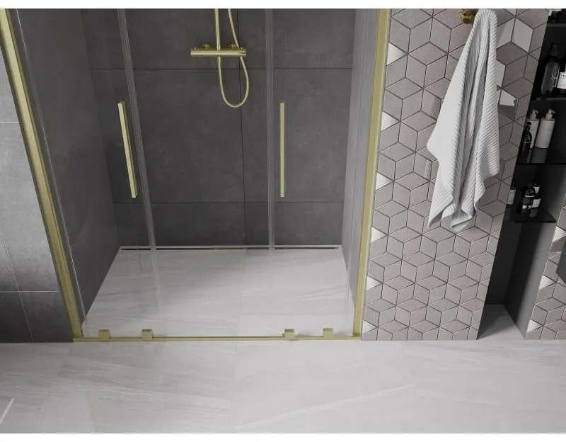 Mexen Velar L Duo, posuvné sprchové dveře do otvoru 140 cm, 8mm čiré sklo, zlatá matná, 871-140-003-02-55