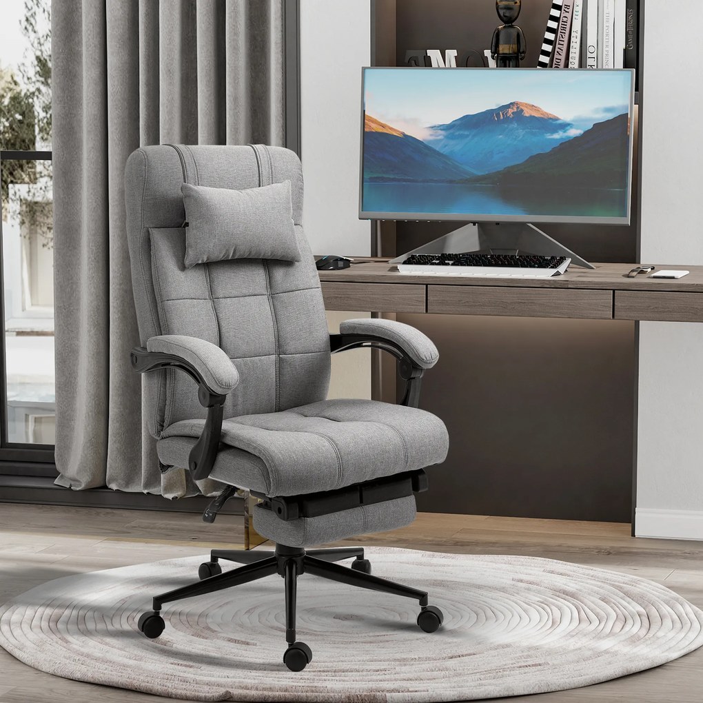 Kancelářská židle Vinsetto s polštářem pod hlavu a područkami, výškově nastavitelná otočná židle s podnožkou, lněná, ergonomická, 66 x 70 x 116-124 cm