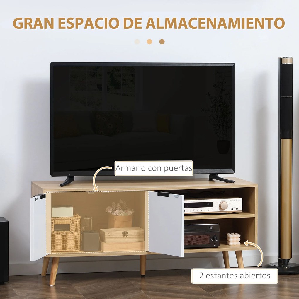 HOMCOM Moderní televizní stolek s 2 dvířky a 2 policemi pro televize do 116 cm pro ložnici 110x39x48,8 cm Přírodní a bílý