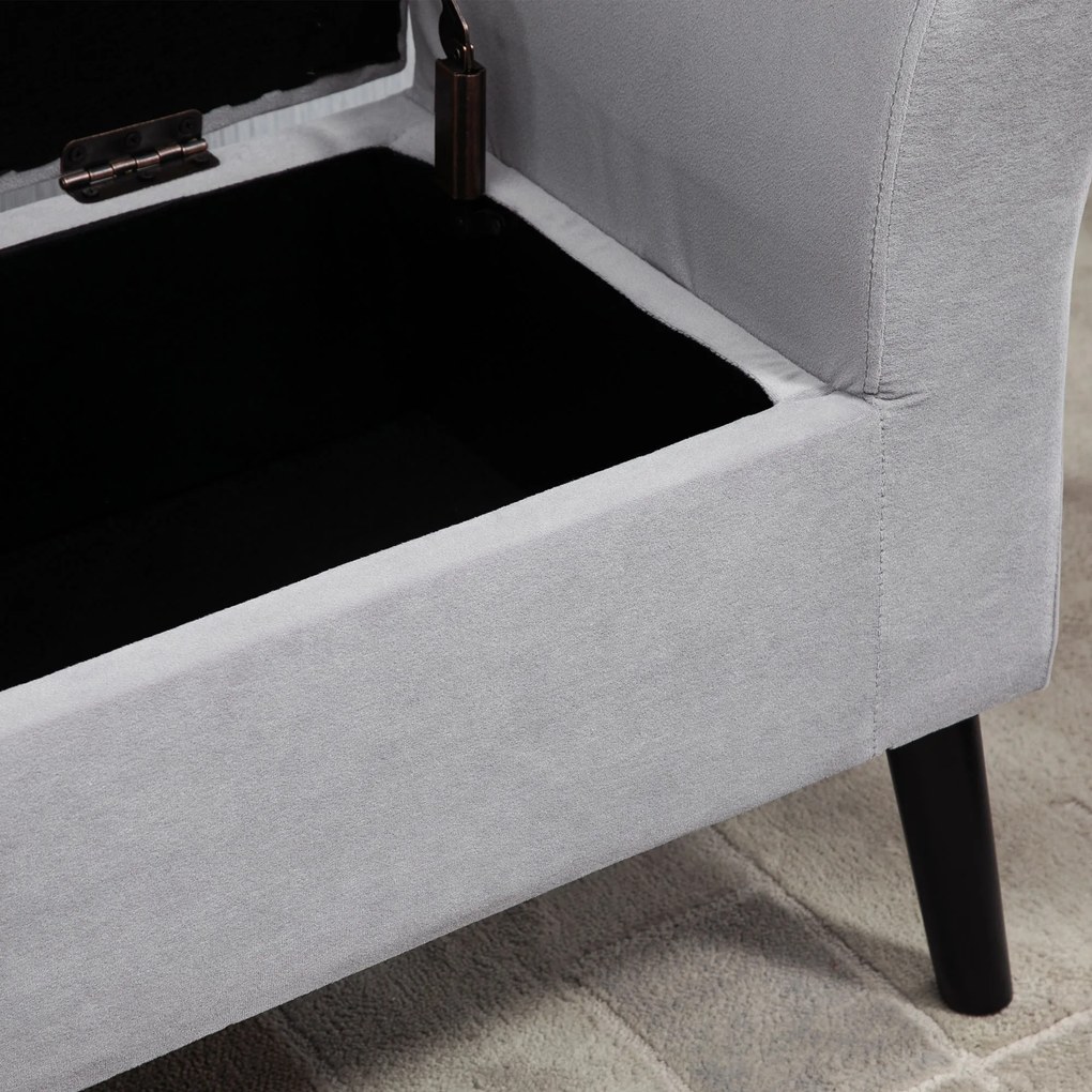 HOMCOM Světle šedá čalouněná lavice s úložným prostorem, sametový polyester, kaučukové dřevo, moderní do předsíně a ložnice | Aosom.de