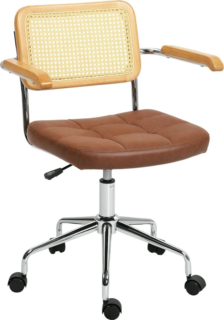 HOMCOM Otočná kancelářská židle, nastavitelná výška, desková židle s ratanovým opěradlem, houpací funkce, nosnost 120 kg, rozměry 60x55,5x82-90 cm, hn