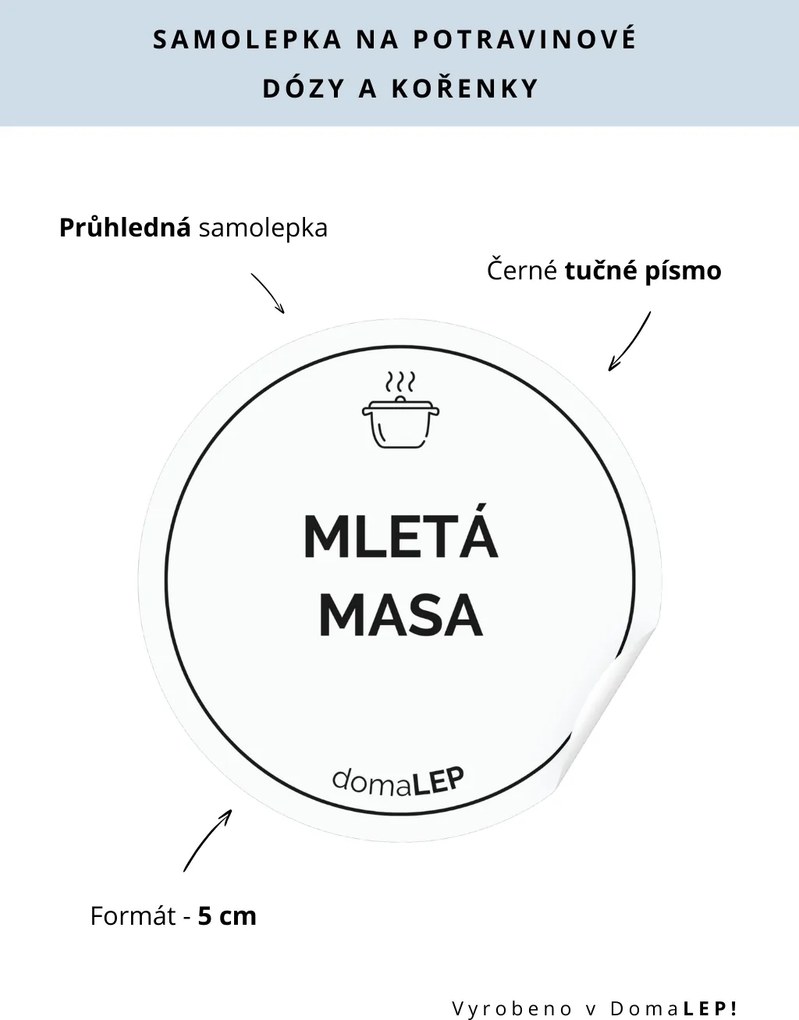 Samolepka na kořenky MLETÁ MASA průhledná 5 cm tučné písmo