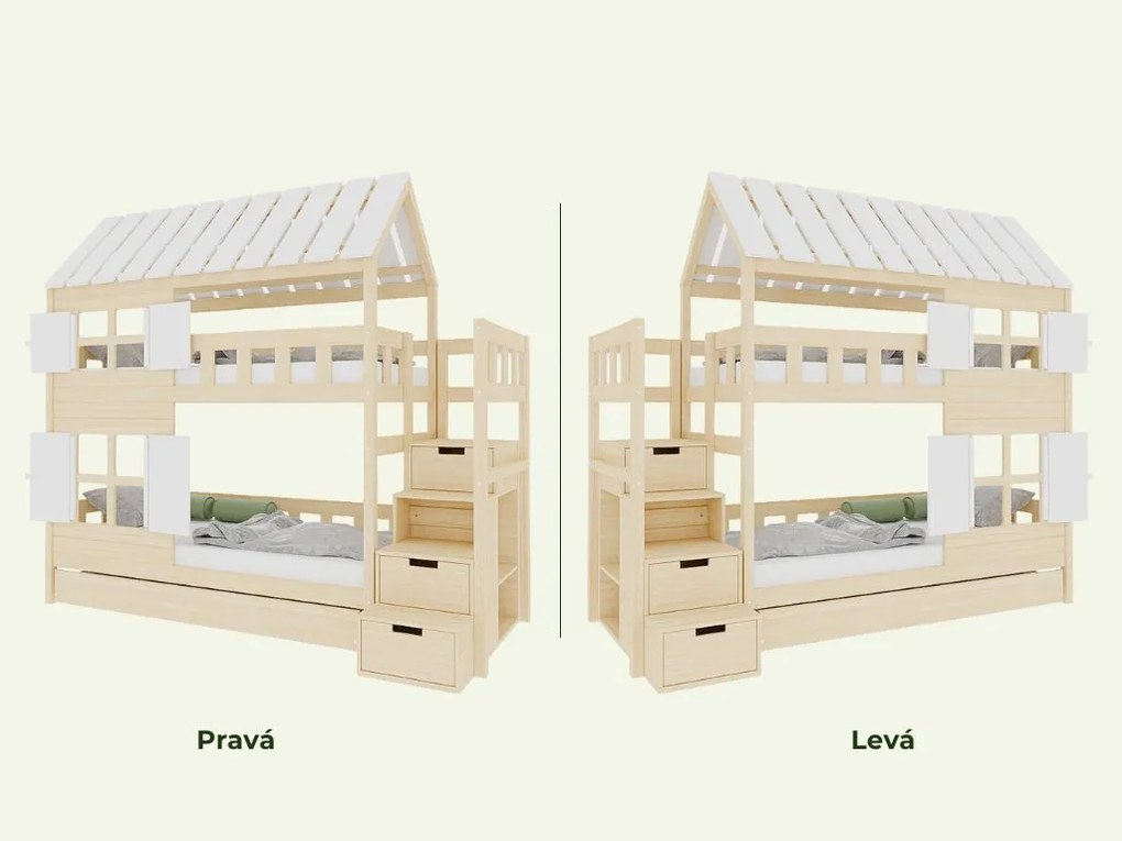 Benlemi Domečková patrová postel CHALOUPKA s úložnými schody 90x200 cm Zvolte barvu: Nelakovaná, Zvolte šuplík: Úložný šuplík, Zvolte stranu: Vlevo