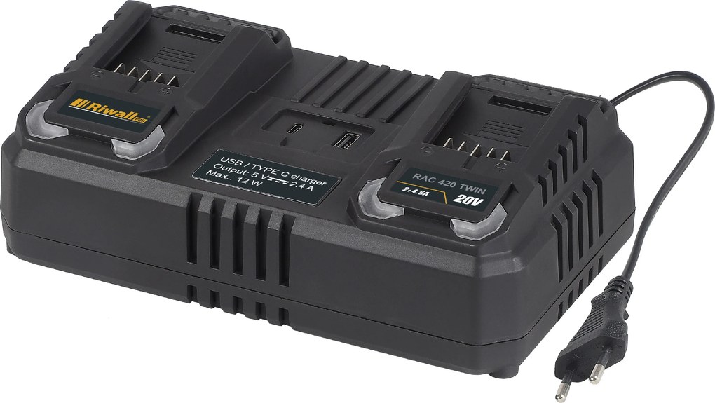 Riwall PRO RAC 420 2x20V TWIN - dvojitá rychlonabíječka pro aku baterie 20 V / (4,5 A