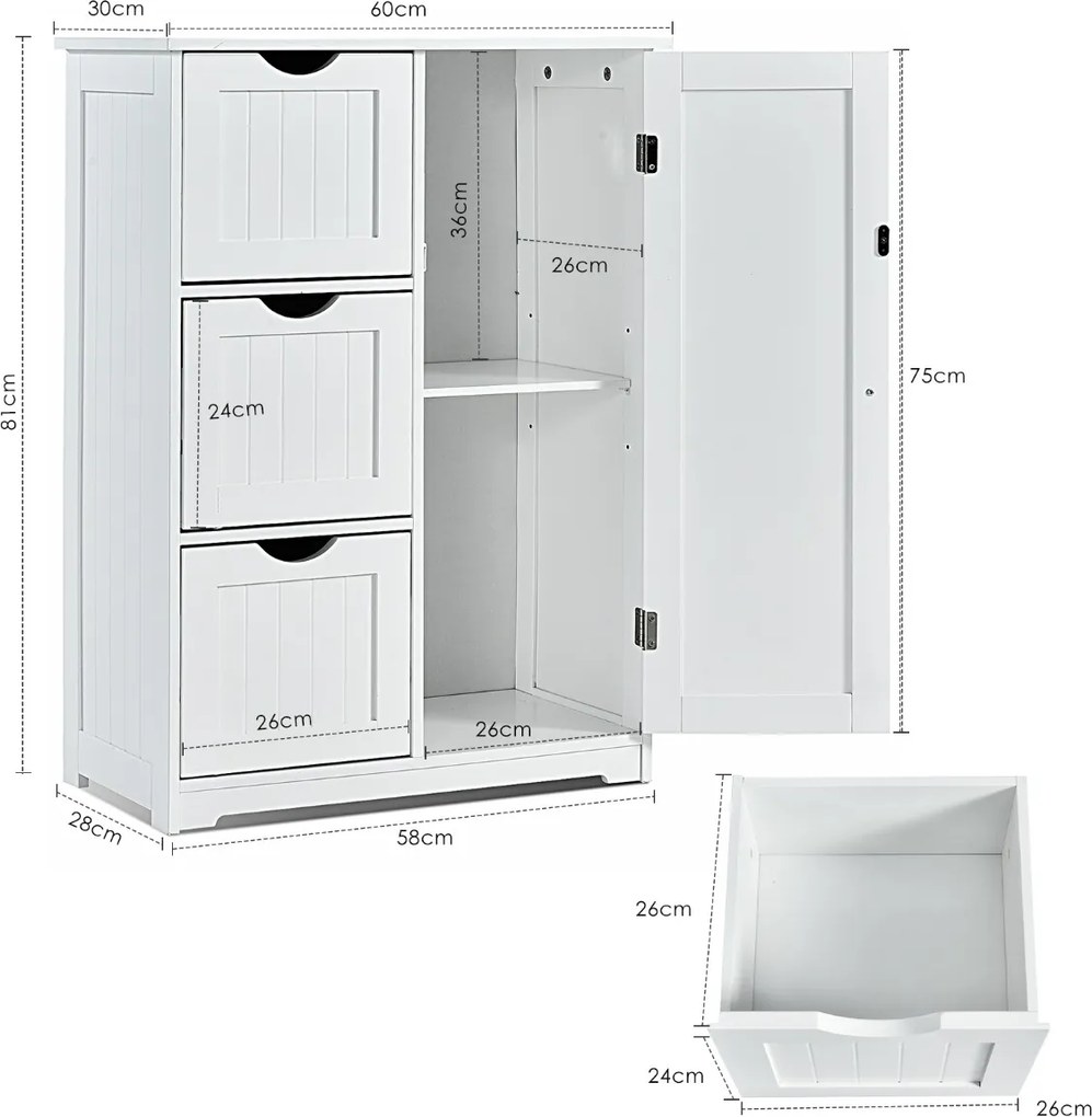 Costway Koupelnová skříňka úložná se 3 zásuvkami – 60 × 30 × 81 cm, bílý