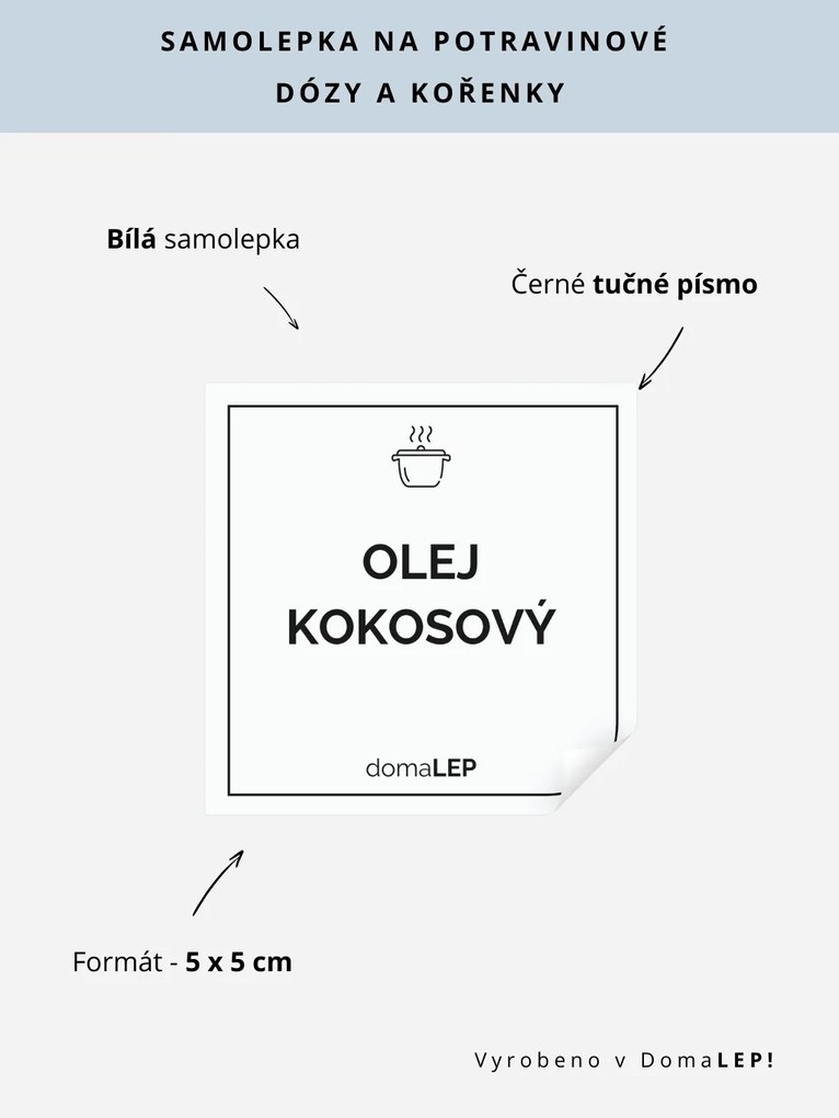 Samolepka na láhev OLEJ KOKOSOVÝ – bílá, 5 x 5 cm, základní písmo