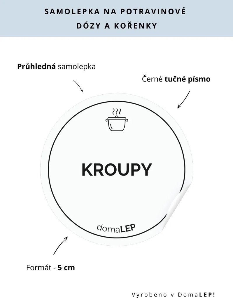 KROUPY – průhledná samolepka na dózu, tučné písmo, 5 cm | DomaLEP