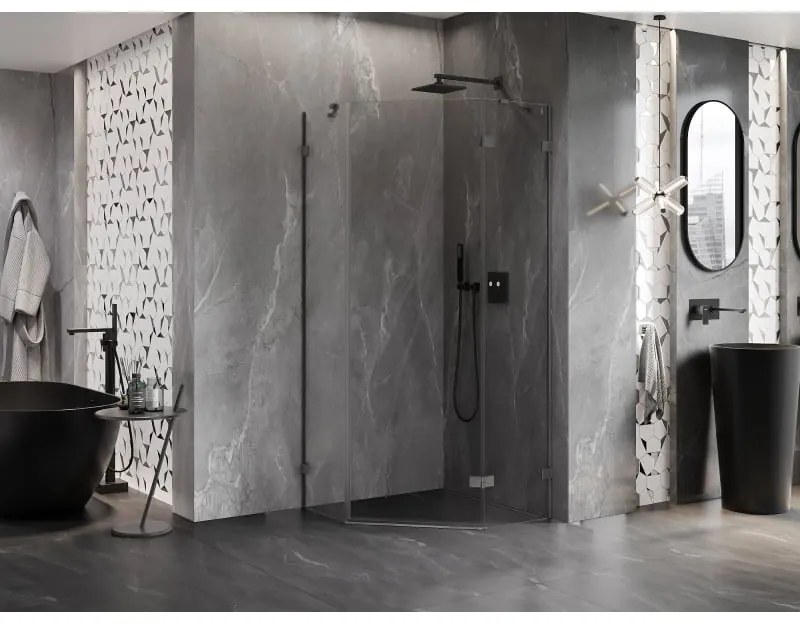 Mexen Lunar, pětiúhelníkový sprchový kout naklápěcí vpravo 80 x 80 cm, 8mm čiré sklo, profil grafit broušený, 831-080P-080L-66-00-P