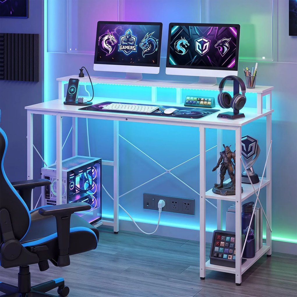 Costway Počítačový stůl s LED osvětlením a stojanem na monitor, bílý