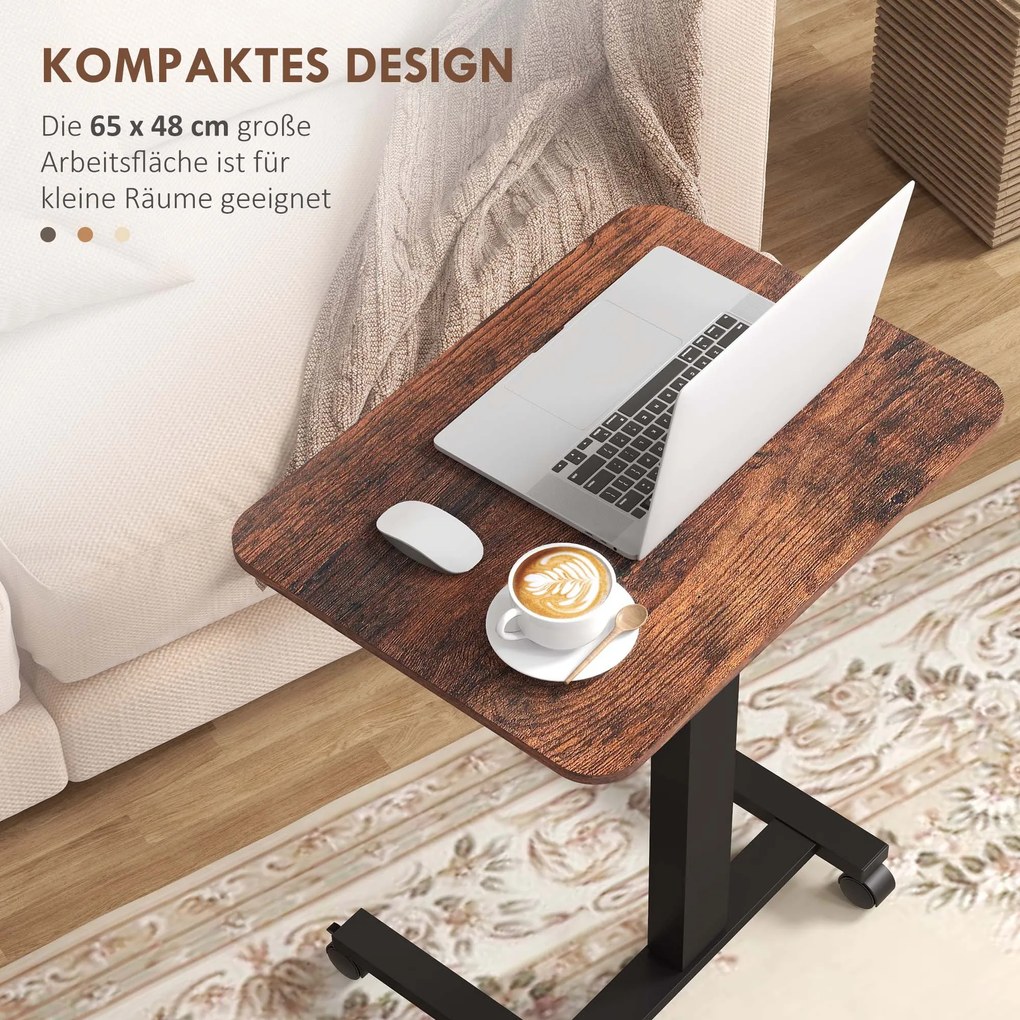 Vinsetto Výškově nastavitelný stůl na notebook, se 4 kolečky, 2 brzdy, 65 cm x 48 cm x 108 cm, s ruční klikou, brzda, dřevotříska, rustikální hnědá| …
