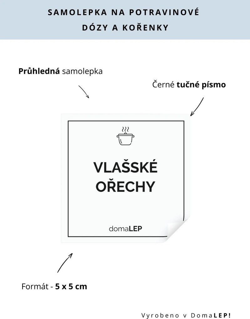 VLAŠSKÉ OŘECHY – průhledná samolepka na dózu, tučné písmo, 5 x 5 cm | DomaLEP