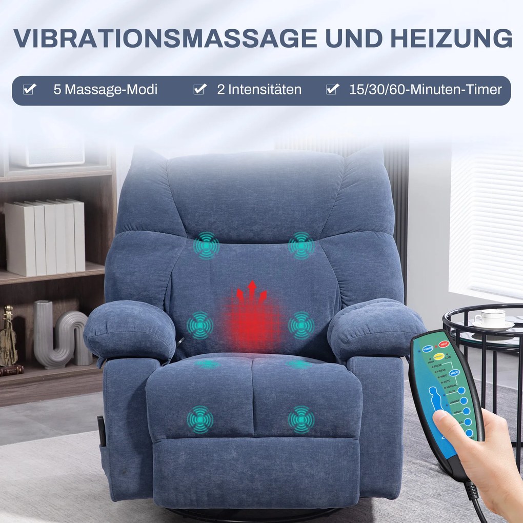 HOMCOM Relaxační křeslo s masážní funkcí, elektrické TV křeslo s vyhříváním, polohovací funkcí, otočné masážní křeslo s pružinovým systémem | Aosom